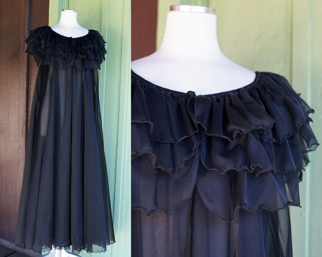 1970s Black Ruffled Robe Peignoir Long Robe by Intime California // 70s ...