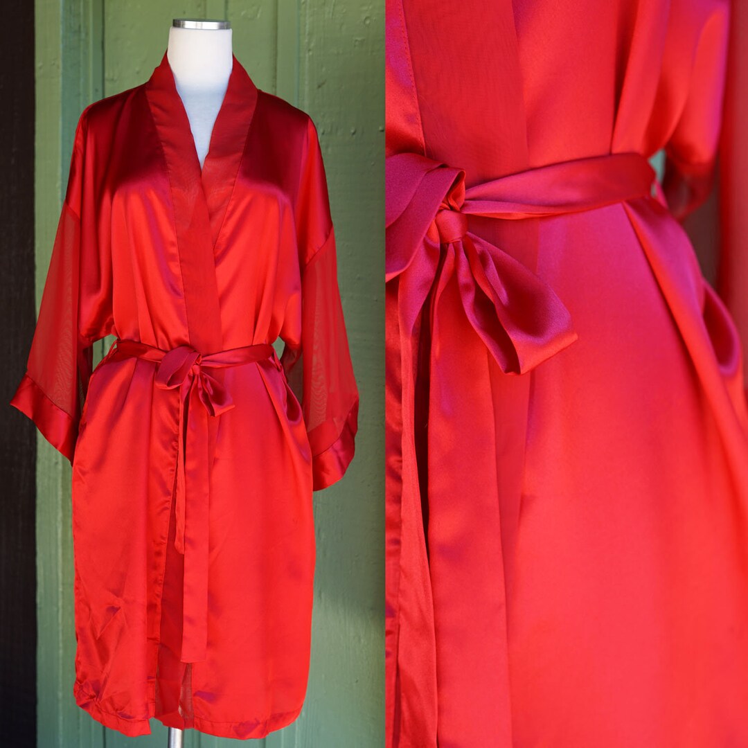 1990s Red Silky Short Robe With Sheer Wide Sleeves // 90s Red Satin ...