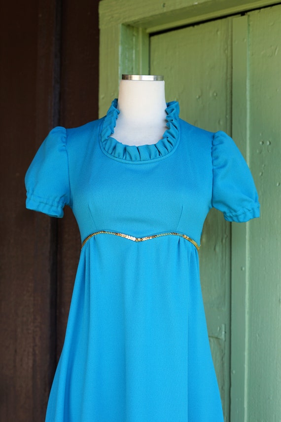 1960s 1970s Turquoise Princess Maxi Dress with Ruffle… - Gem