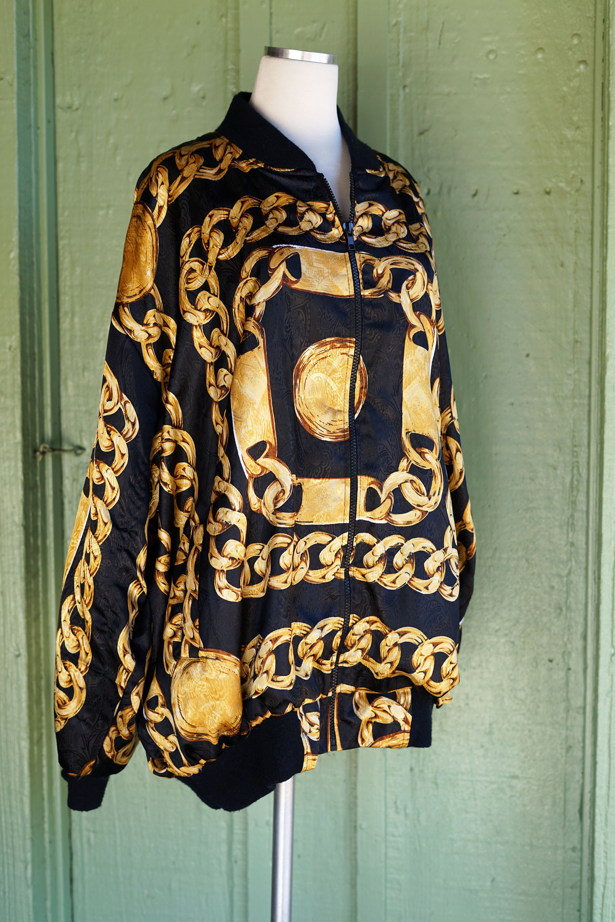 1980s 1990s Black Gold Chain Link Ornate Silky Bomber Jacket 1980s 1990s Black Gold Chain Link Ornate Silky Bomber Jacket
