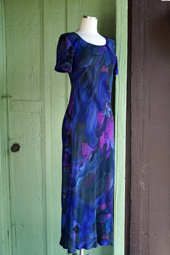 1990s Blue Purple Black Artsy Floral Bias Cut Maxi Dr… - Gem