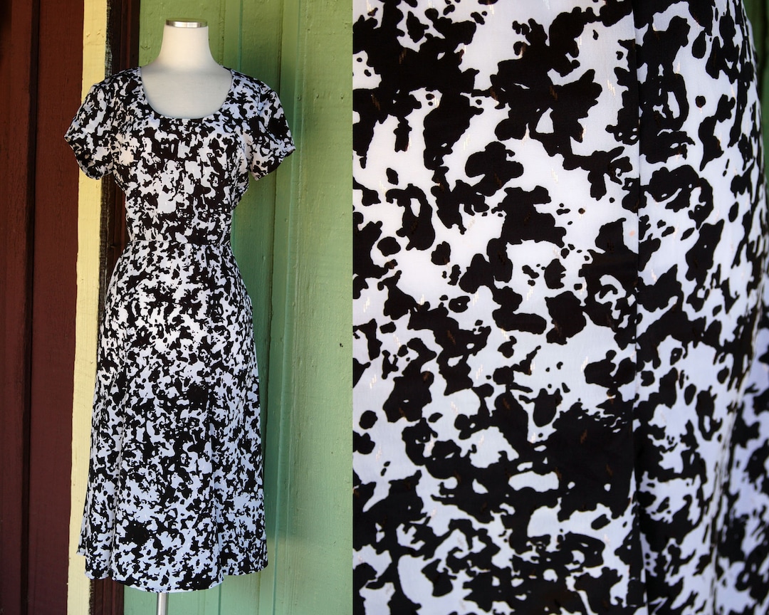 1980s Black and White Print Midi Dress // 80 Cow Print Short Sleeve ...