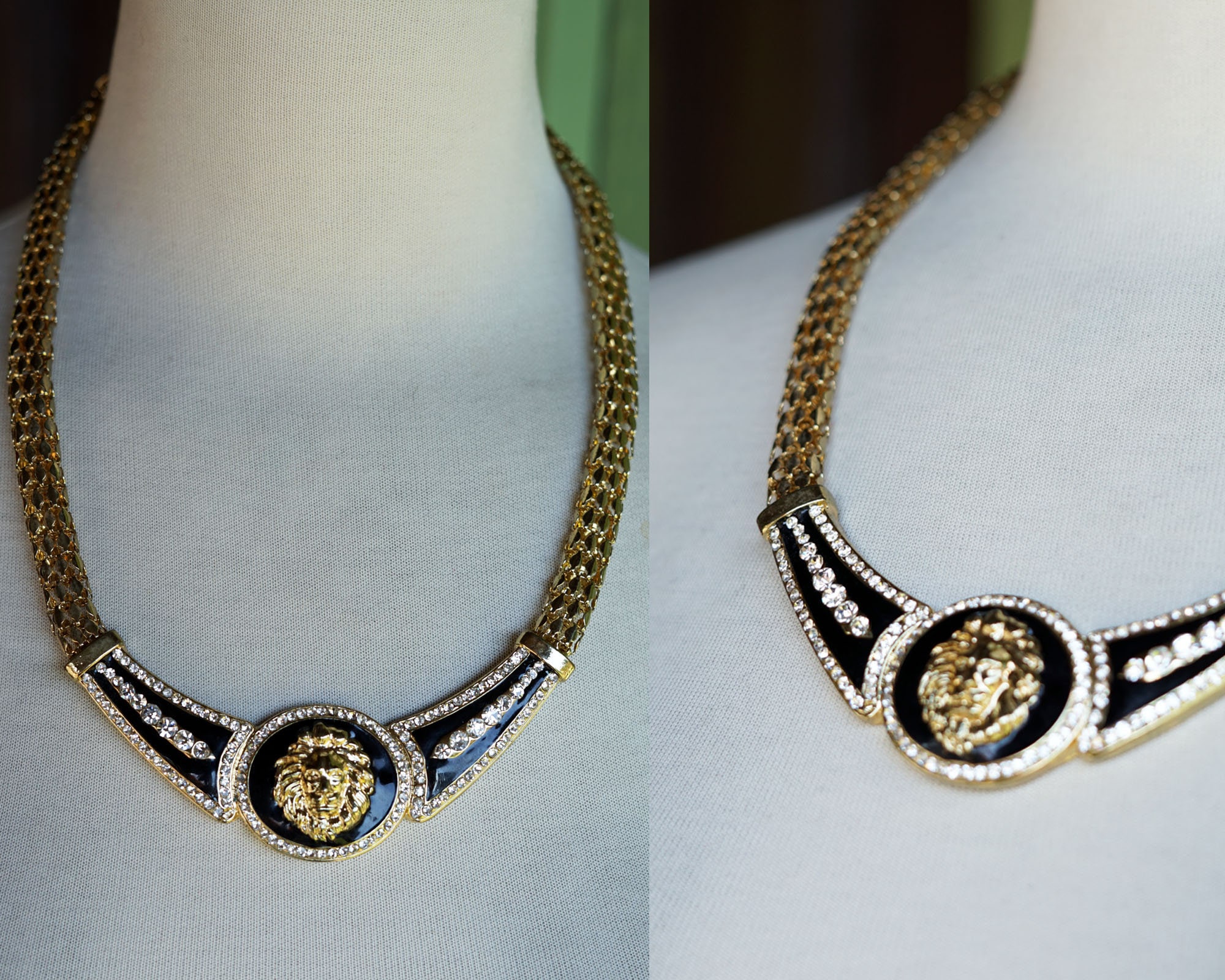 1990s 2000s Gold Black Rhinestone Lions-head Necklace // 90s 1990s 2000s Gold Black Rhinestone Lions-head Necklace // 90s