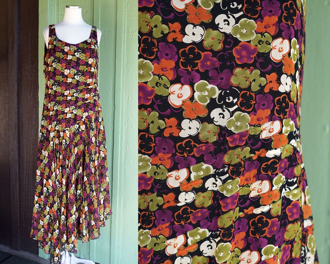 1990s Black Purple Orange Green Ivory Floral Silk Tank Slip Dress ...