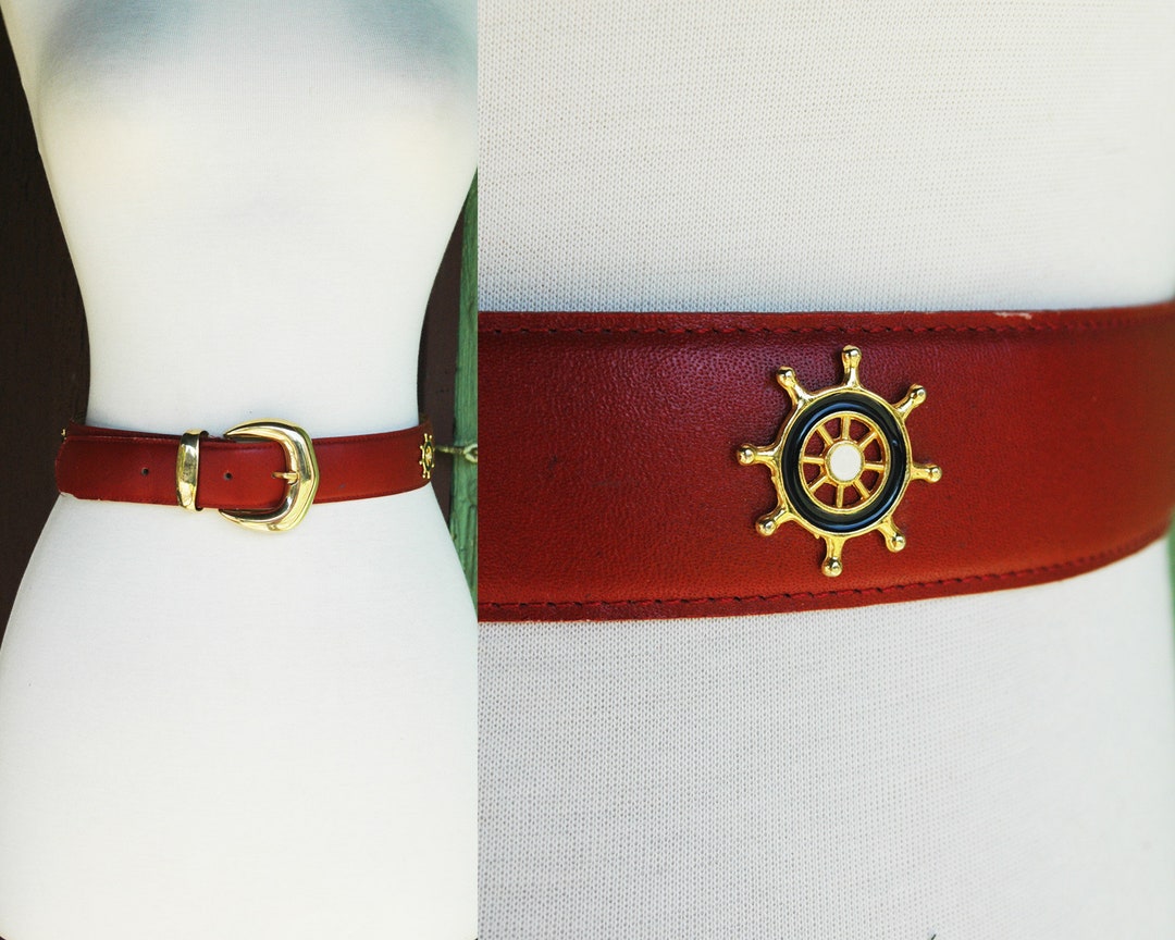 1980s Red Leather Belt With Gold, Navy Blue and White Boat Wheel // 80s ...