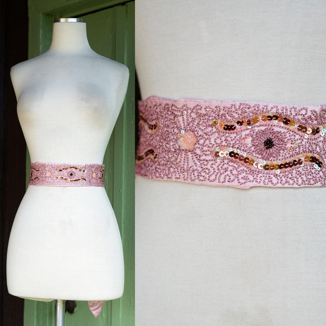 2000s Pink Satin Sash Belt With Metallic Pink Stitched Detail Sequin ...