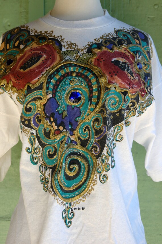 1990s Puff Paint Gold Bejeweled White T Shirt // 90s … - Gem