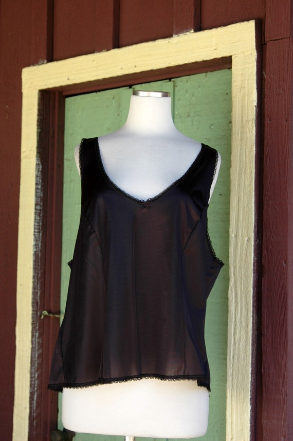 1960s 1970s Black Nylon Slip Tank Top // 60s 70s Ling… - Gem