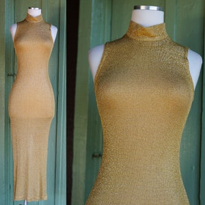 1970s 1980s Slinky Sexy Knit Gold Sweater Dress // 70s 80s Hourglass ...