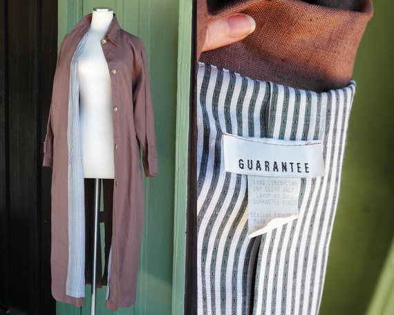 1990s Linen Long Coat // 90s Mocha Oversized Linen Co… - Gem