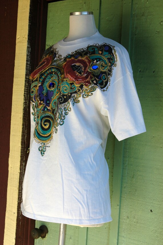 1990s Puff Paint Gold Bejeweled White T Shirt // 90s … - Gem