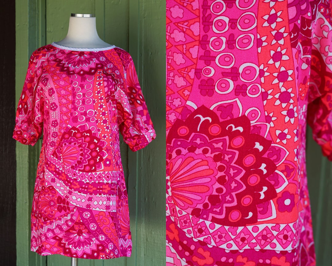 1960s Bright Pink Barkcloth Psychedelic Funky Floral Mini Dress Tunic ...