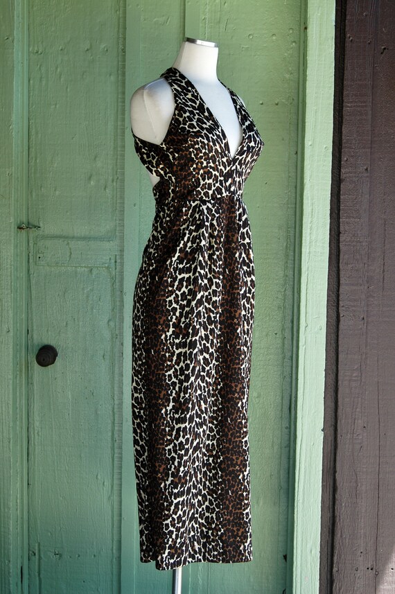 1970s Leopard Print Open Back Maxi Dress // 70s Tan B… - Gem