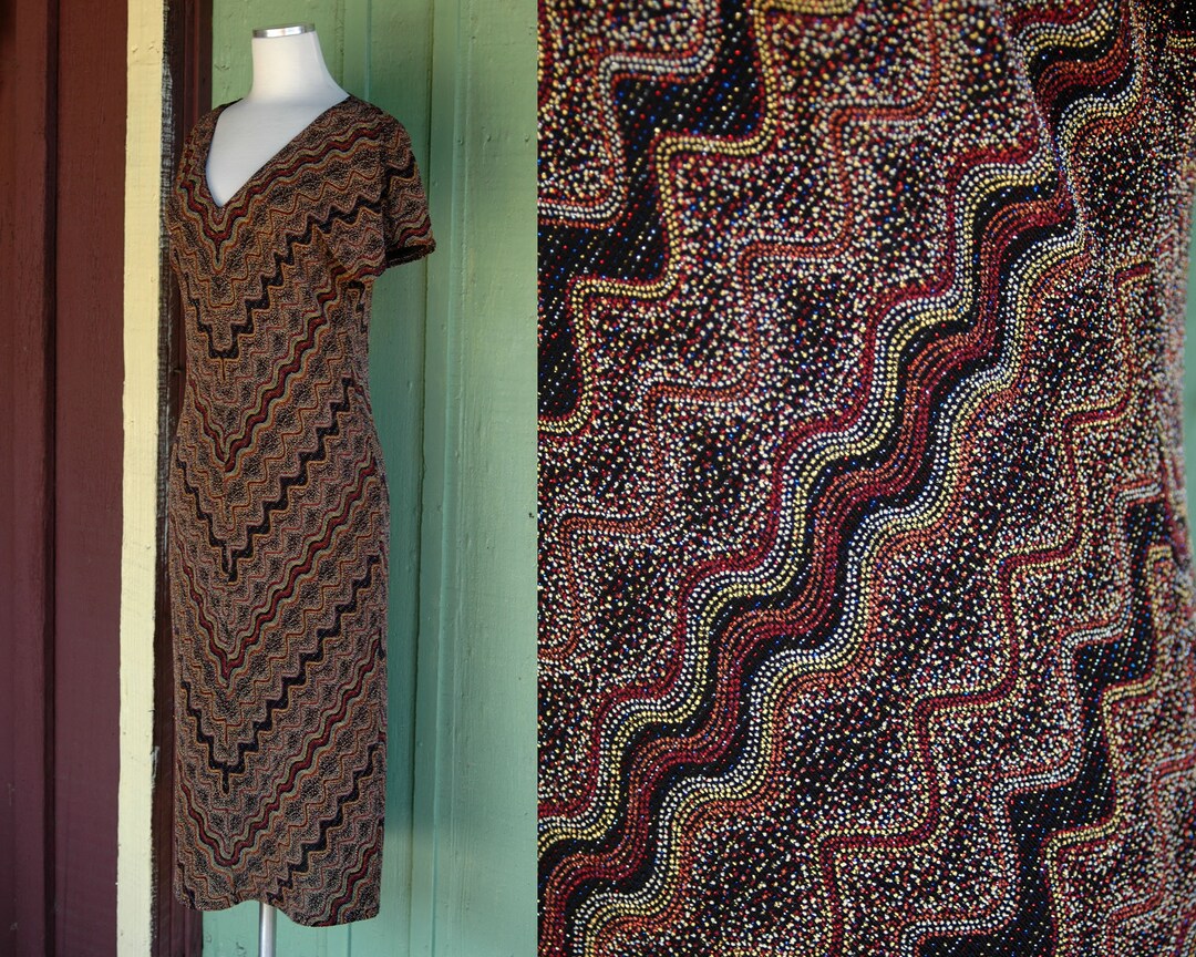 1990s Metallic Squiggle Print Dress // 90s Robbie Bee Gold Red Blue ...
