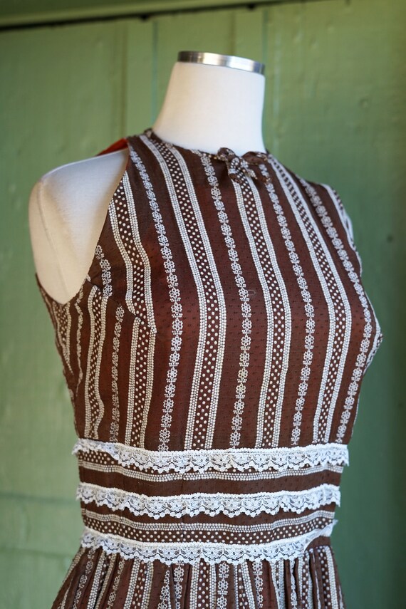 1970s Brown White Flocked Striped Dot Lace Trim Maxi … - Gem