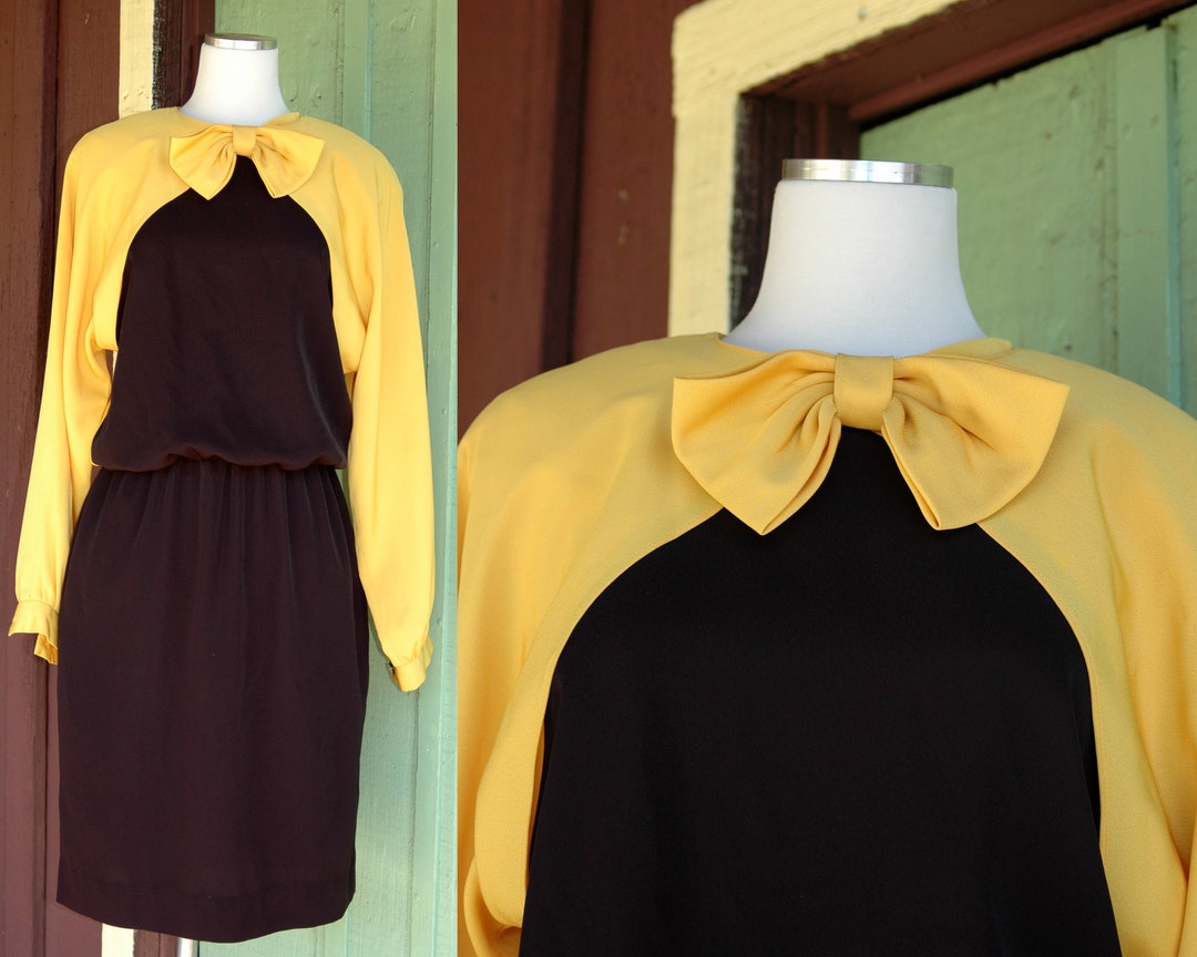 1980s Black Yellow Color Block Dress With Bow by David Warren // 80s ...