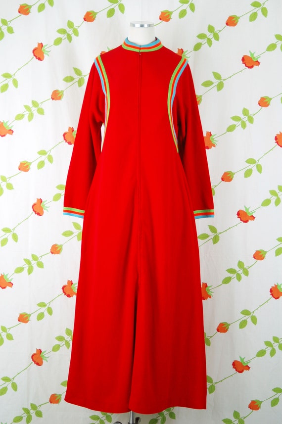 1970s Red Nightgown House Dress with Bright Green, Or… - Gem