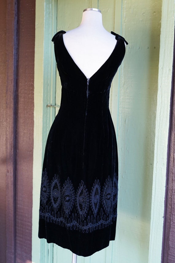 1950s 1960s Black Velvet Embroidered Party Dress // 5… - Gem