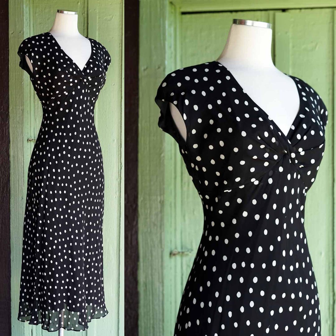 1990s Black White Polka Dot Bias Cut Dress by Jones New York // 90s V ...