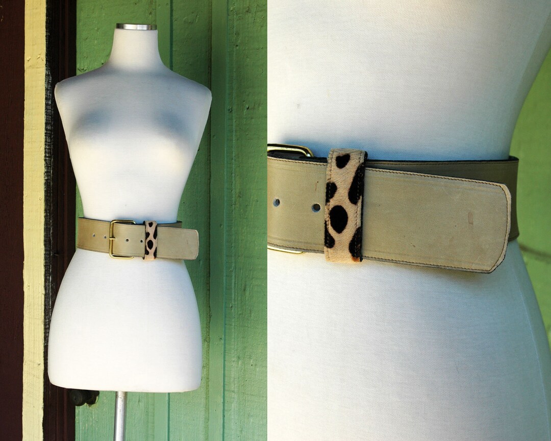 1990s Wide Tan Leather Belt With Leopard Fur Trim and Gold Buckle ...