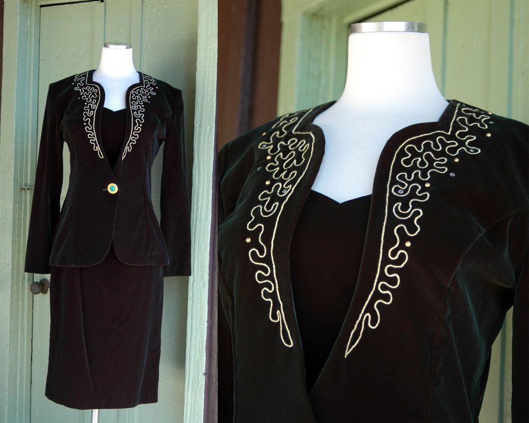 1990s Green Velvet Dress Jacket Suit Set // 90s Green Velvet Dress and ...