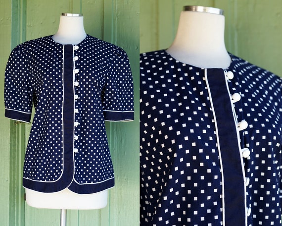1990s Navy Blue White Square Dot Half Sleeve Jacket /… - Gem