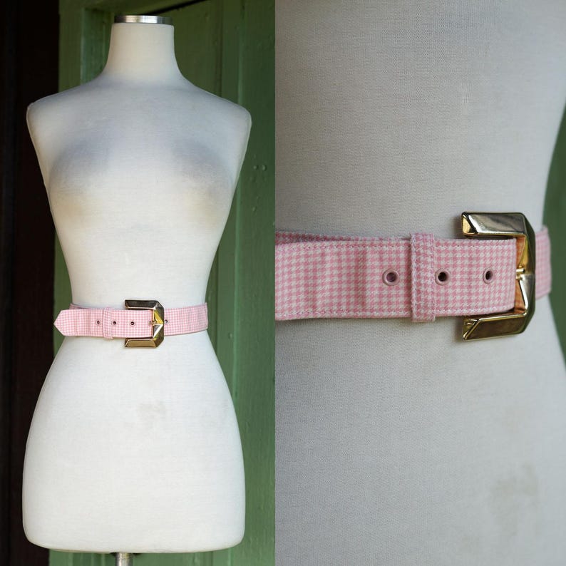 1980s Pink White Houndstooth Checked Fabric Belt With Gold Tone Buckle ...