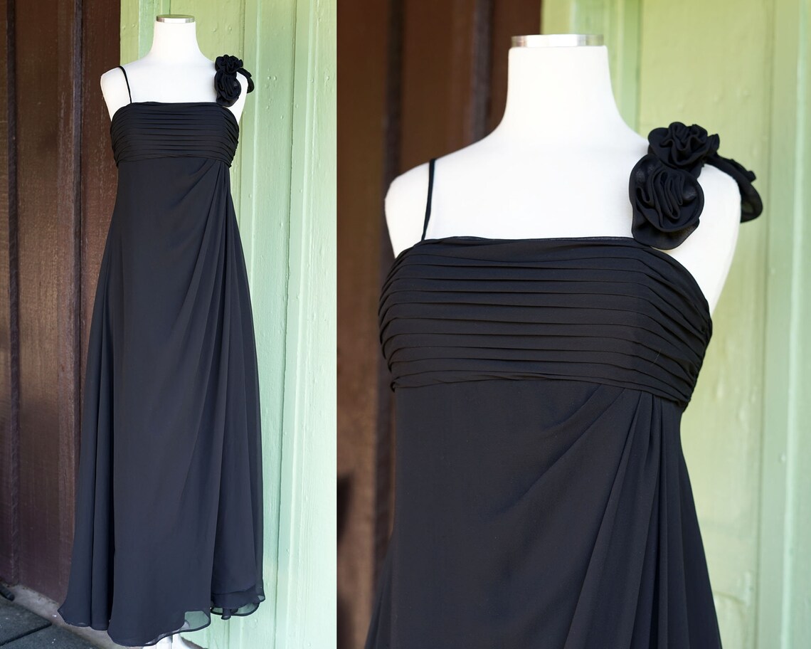 1980s Black Pleated Empire Waist Flowy Evening Gown With Floral Rosette ...