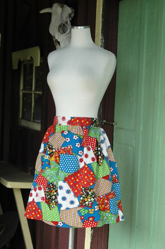 1960s 1970s Faux Patchwork Print Short Skirt // 60s 7… - Gem