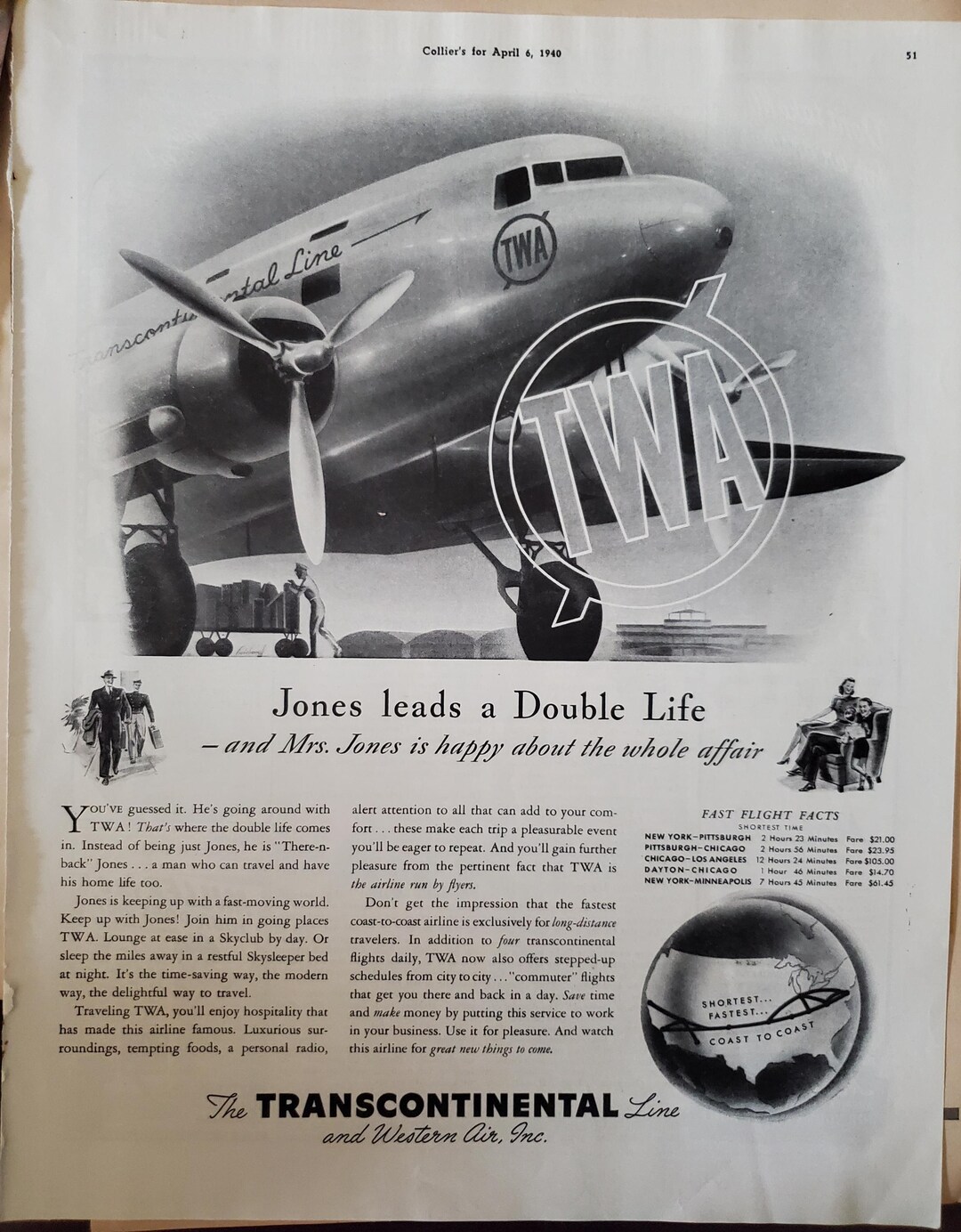 TWA Airline Advertisement, 1940, Black and White Ad, Transcontinental ...