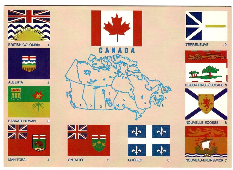 Canadian Flag Postcard, Vintage Postcard, Map of Canada With All the ...
