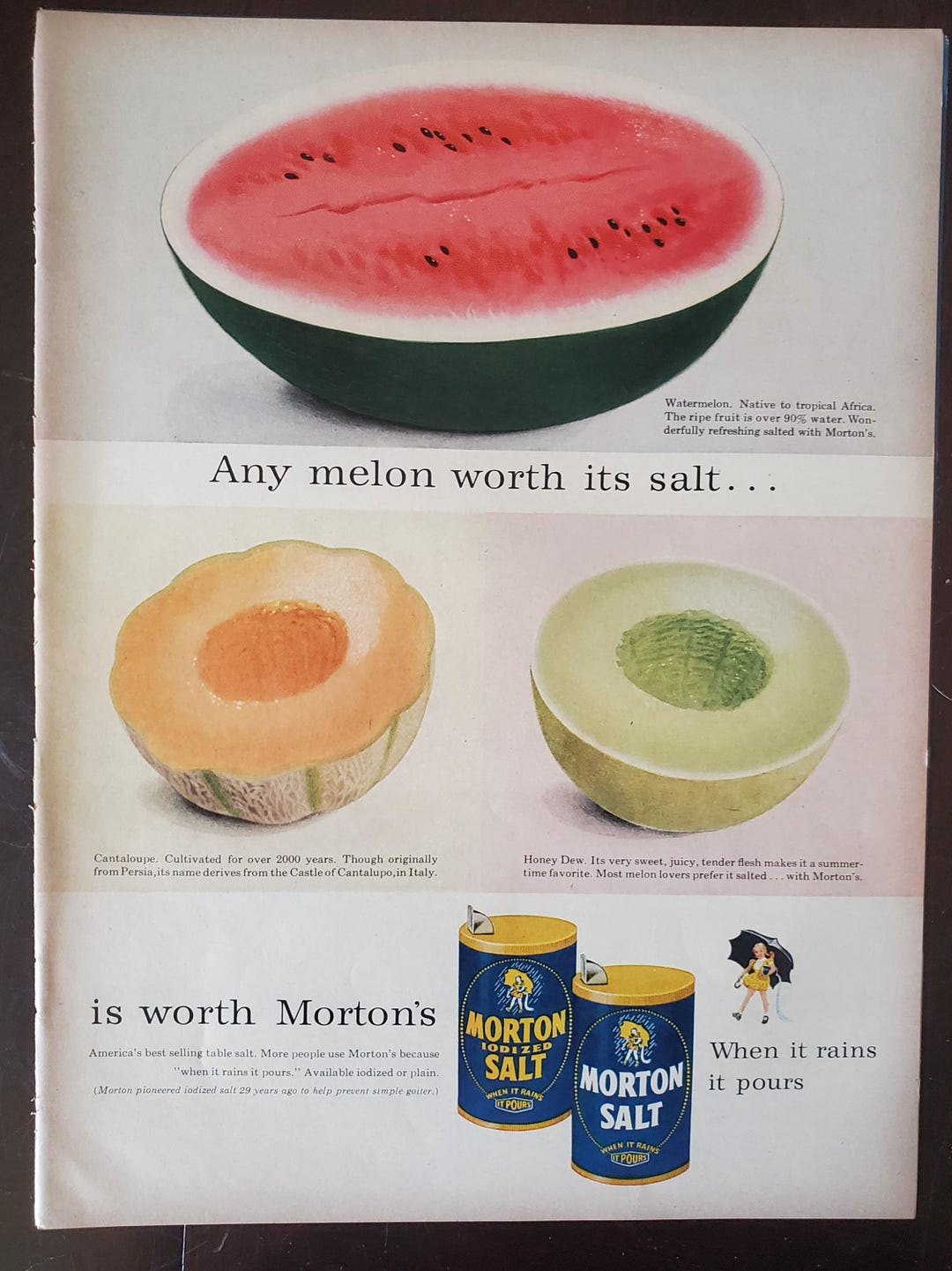 Morton Salt Vintage Magazine Ad, 1950s, Melon Images, Kitchen Café ...