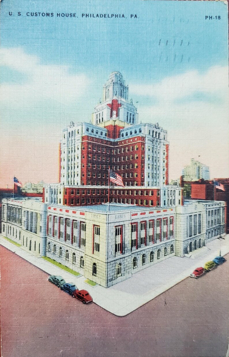 Philadelphia PA U.S. Customs House, Vintage Color Illustrated Linen ...