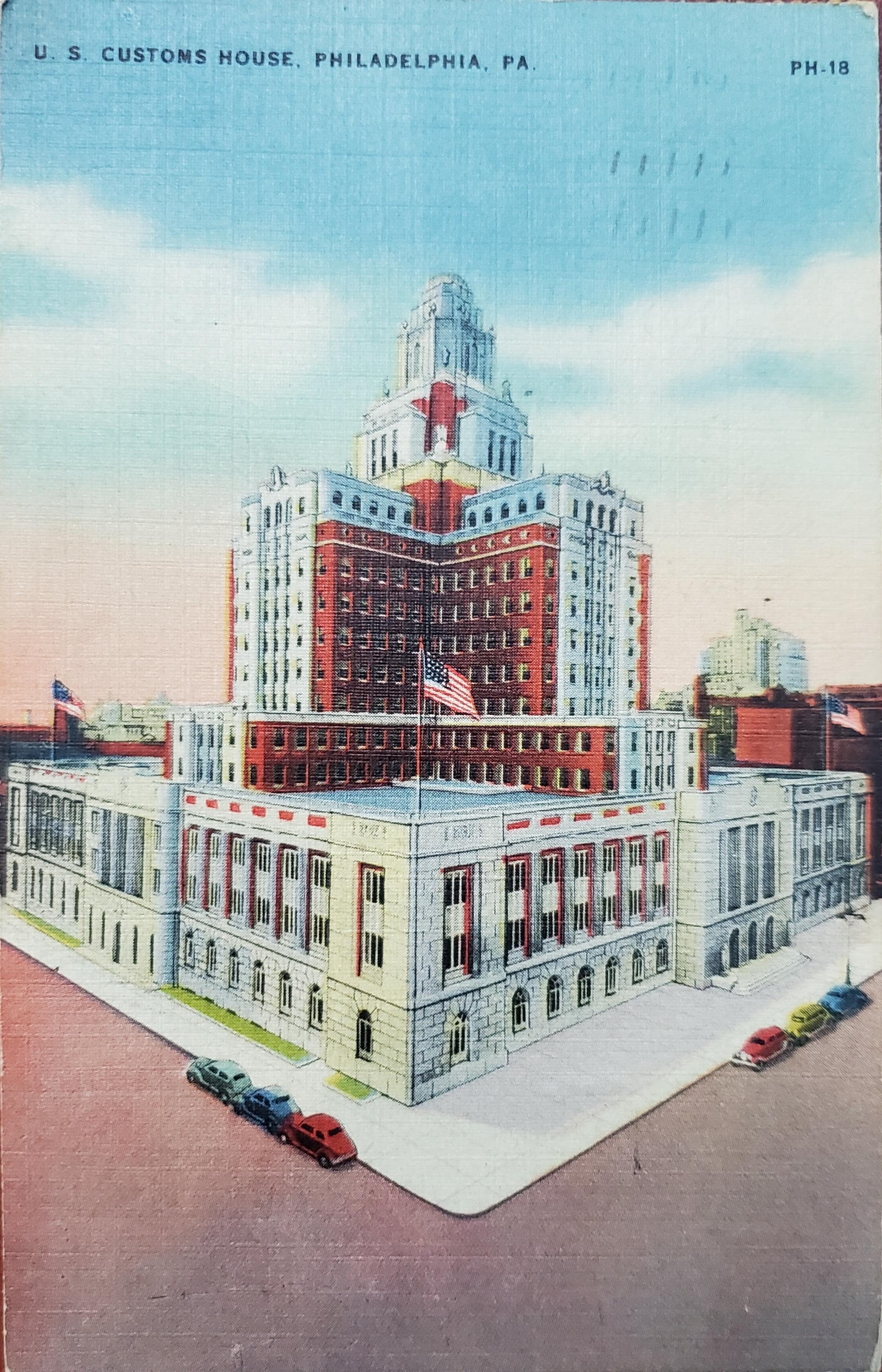 Philadelphia PA U.S. Customs House, Vintage Color Illustrated Linen ...