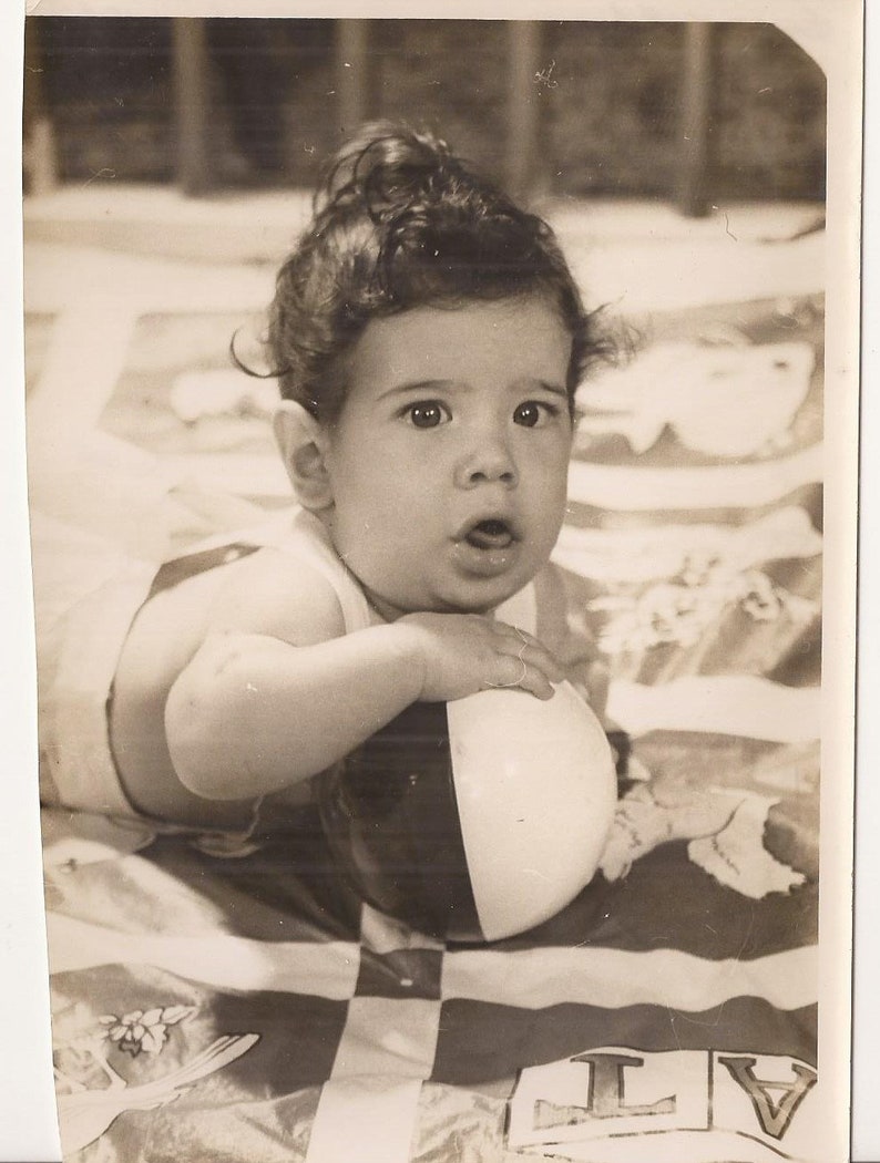 Baby Charlie Poses With Little Beach Ball, Vintage Photograph, Sepia ...