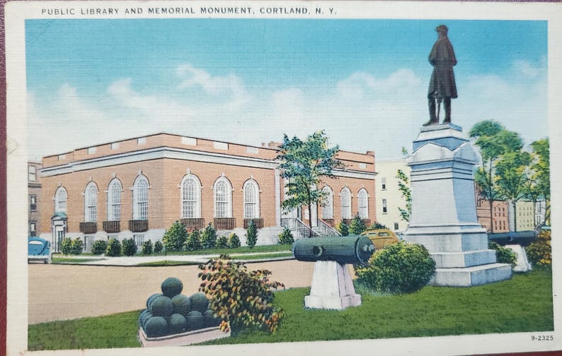 Public Library and Memorial Monument, Cortland New York, Vintage Color ...