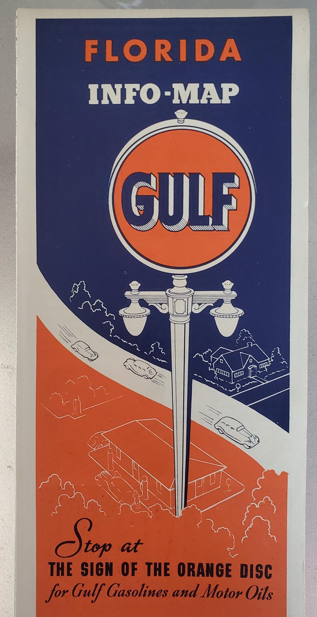 Florida Info-map From Gulf Gasoline and Motor Oils, Vintage Paper Road ...