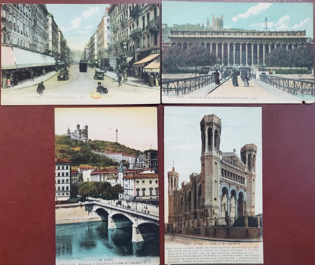 Lyon France, Set of 4 Illustrated Color Vintage Postcards, Architecture ...