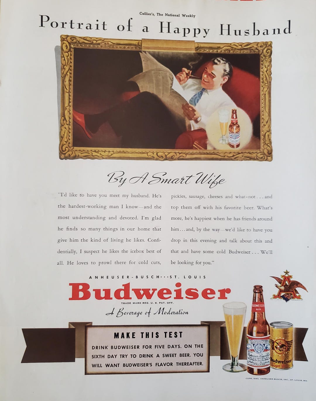 Budweiser Beer Vintage Magazine Ad for Home Bar Mancave Décor, 1940 ...