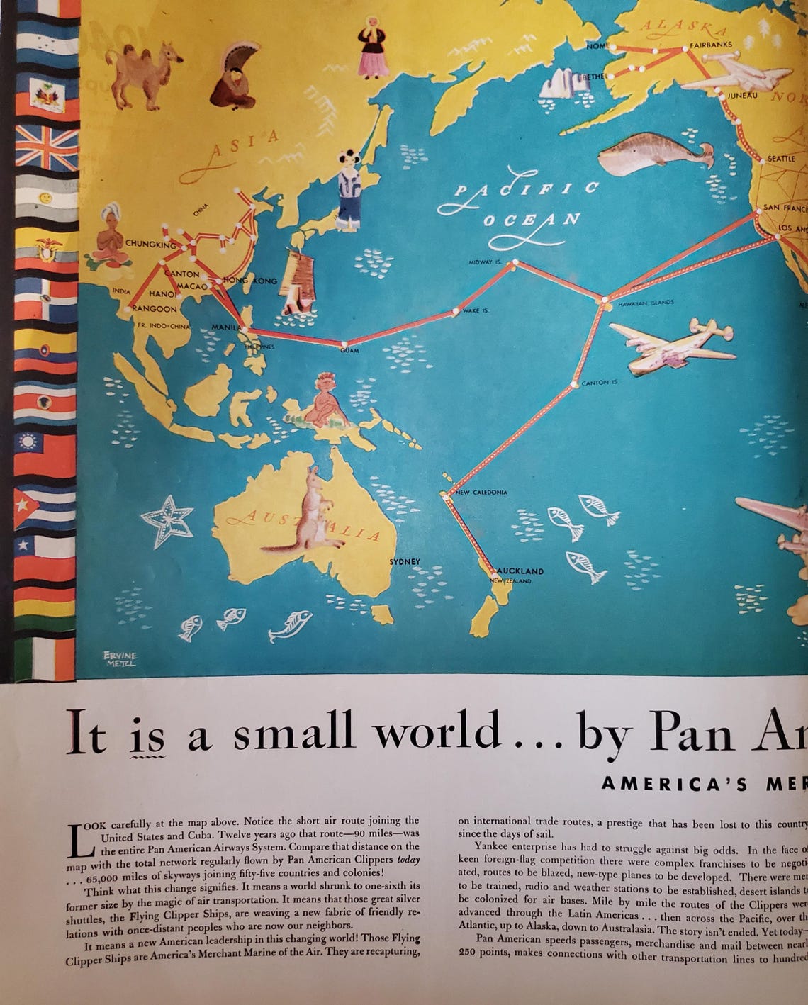 Pan American Airways System Double Page Ad With Map of the World, Color ...