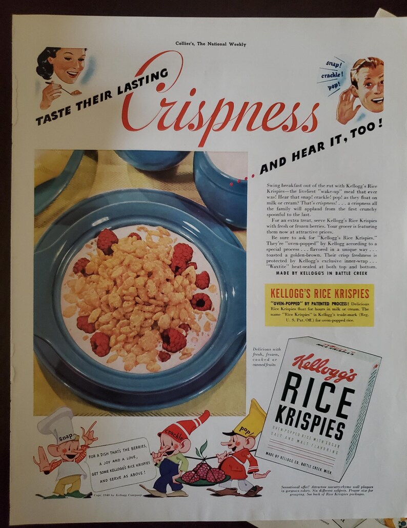 1940's Kellogg's Rice Krispies Cereal With Original Cartoon Characters ...