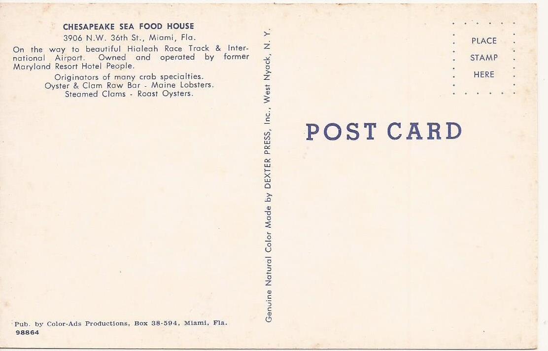 Chesapeake Sea Food House, Miami, Florida, Vintage Postcard, Restaurant ...