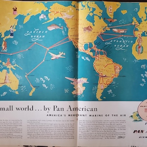 Pan American Airways System Double Page Ad With Map of the World, Color ...