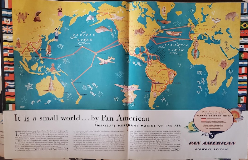 Pan American Airways System Double Page Ad With Map of the World, Color ...