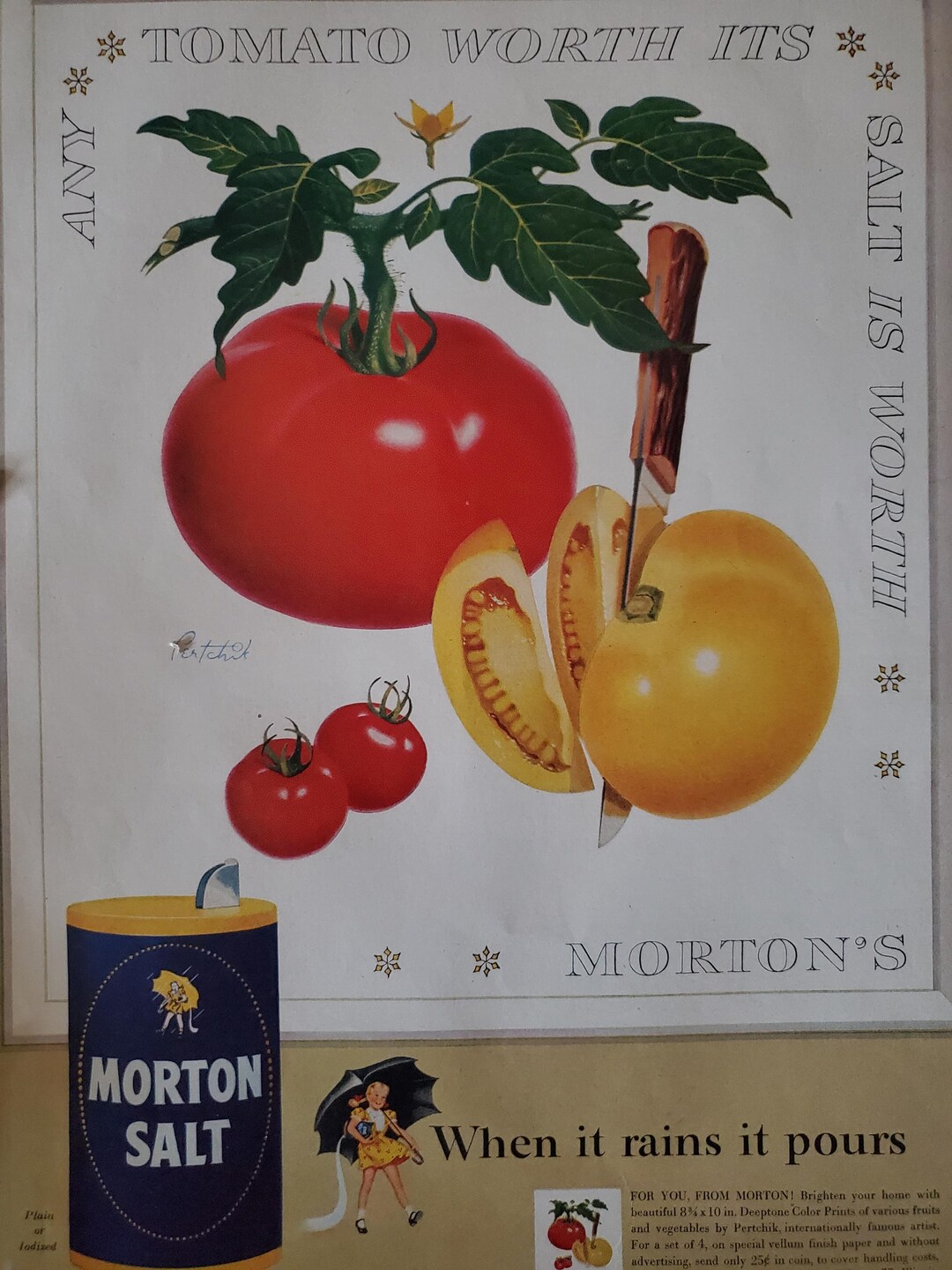 Morton Salt Vintage Magazine Ad, 1940s, Tomato Illustration, Kitchen ...