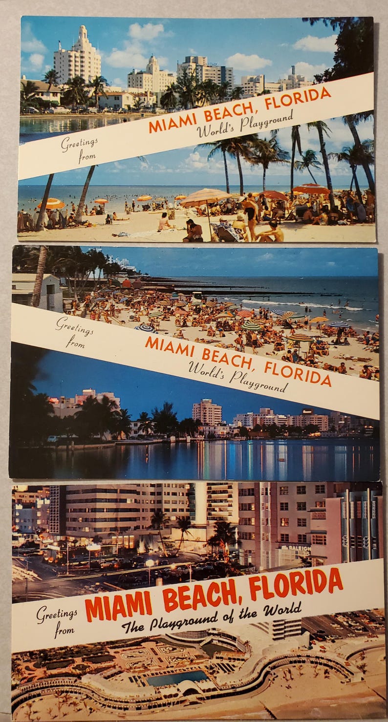 Greeting From Miami Florida, the Playground of the World, Set of 3 ...