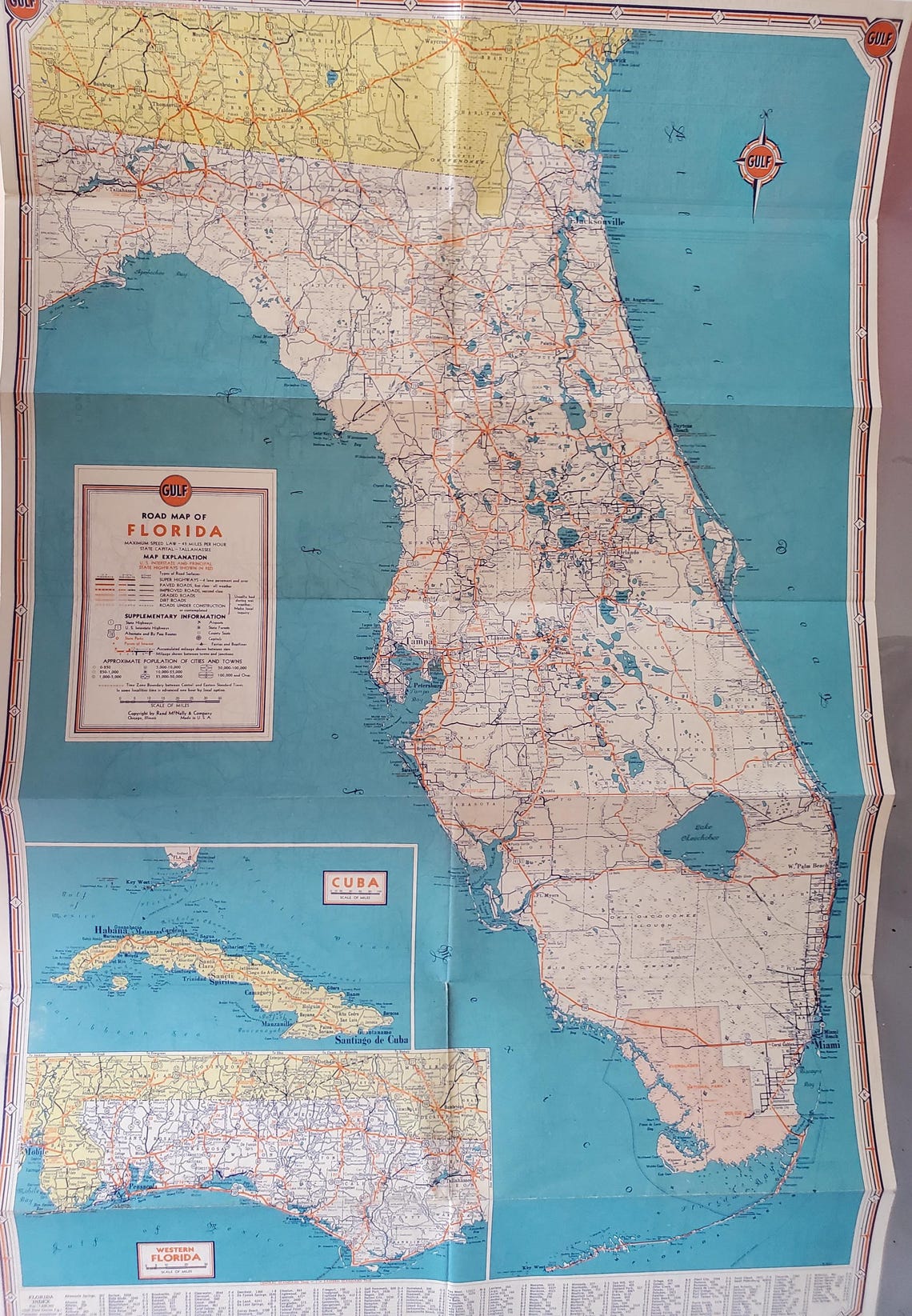 Florida Info-map From Gulf Gasoline and Motor Oils, Vintage Paper Road ...