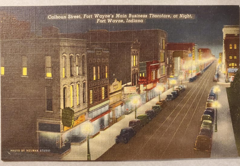 Calhoun Street, Fort Wayne's Main Business District at Night, Indiana ...