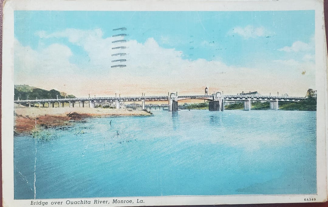 Bridge Over Ouachita River, Monroe Louisiana, Vintage Color Illustrated ...