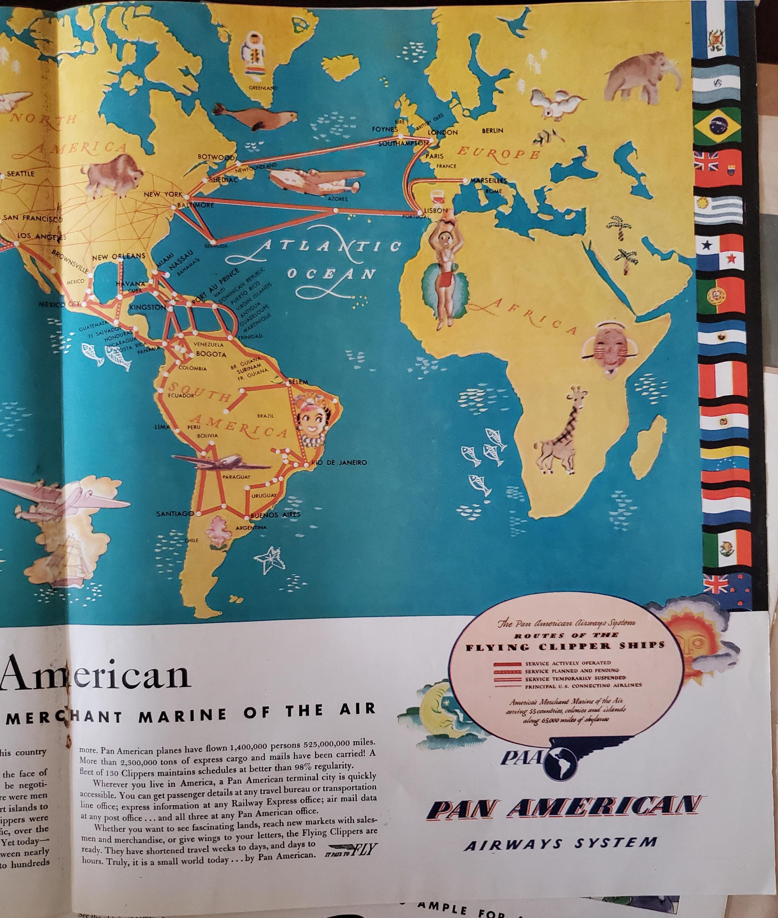 Pan American Airways System Double Page Ad With Map of the World, Color ...